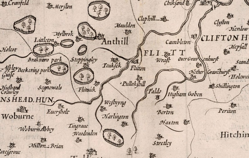 Old Map of Bedfordshire 1611, John Speed - Bedford, Luton, Dunstable ...