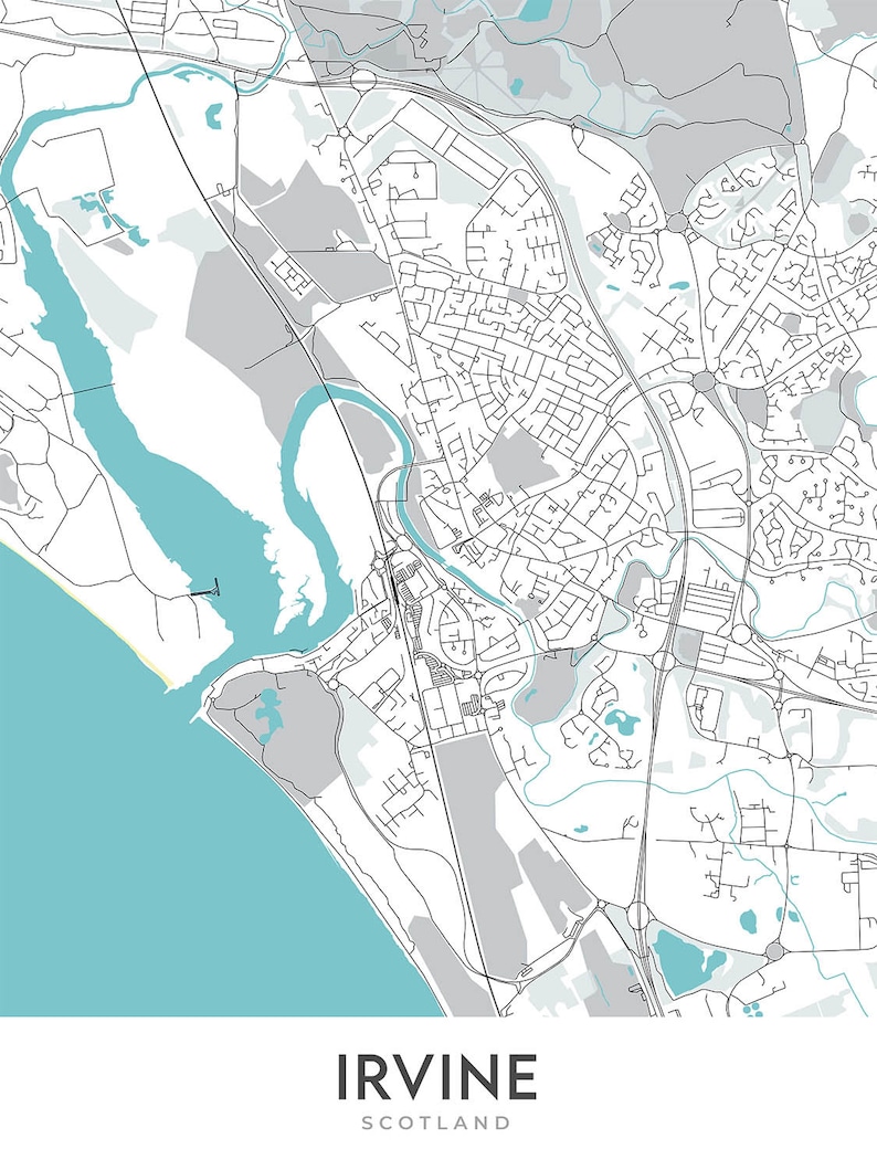 Modern Town Map of Irvine, Scotland: Town Centre, River Irvine ...