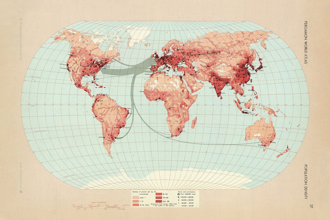 Old Infographic Map of World Population Density, 1967: Emigration ...