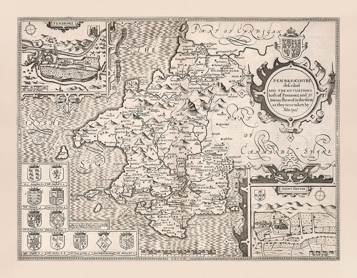Old Map of Pembrokeshire Wales 1611 John Speed - Haverfordwest, St ...