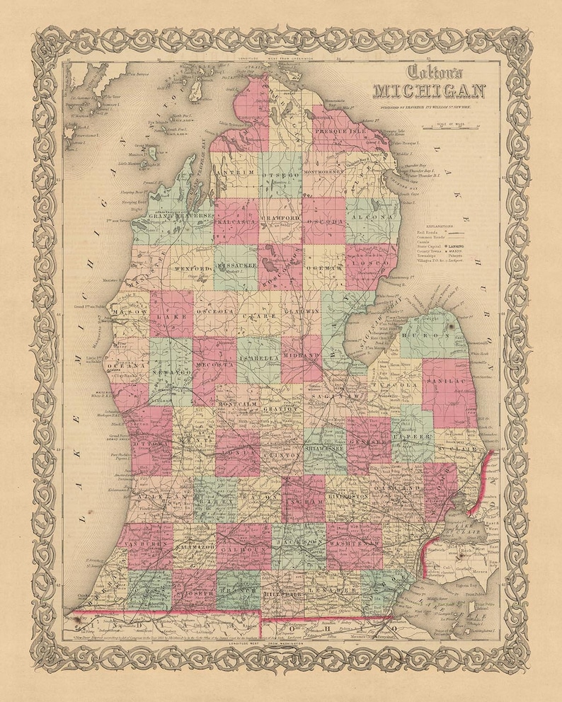 Old Map of Michigan by J.H. Colton, 1855: Detroit, Grand Rapids, Ann ...