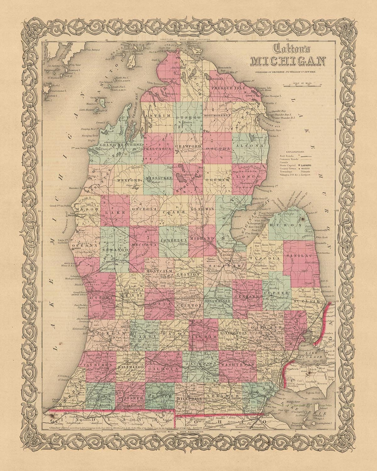 Old Map of Michigan by J.H. Colton, 1855: Detroit, Grand Rapids, Ann ...