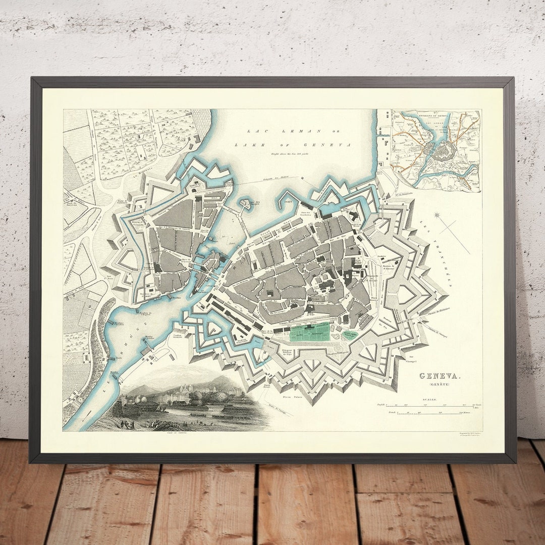 Old Map of Geneva by SDUK, 1870: Lake Geneva, Rhone River, Jardin ...