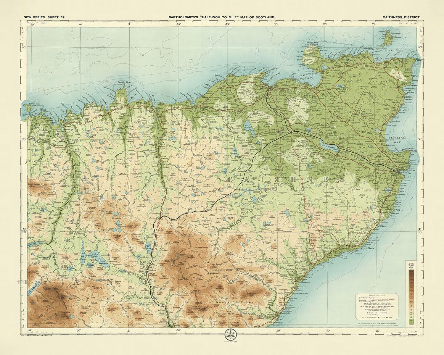 Old OS Map of Caithness District by Bartholomew, 1901: Thurso, Wick ...