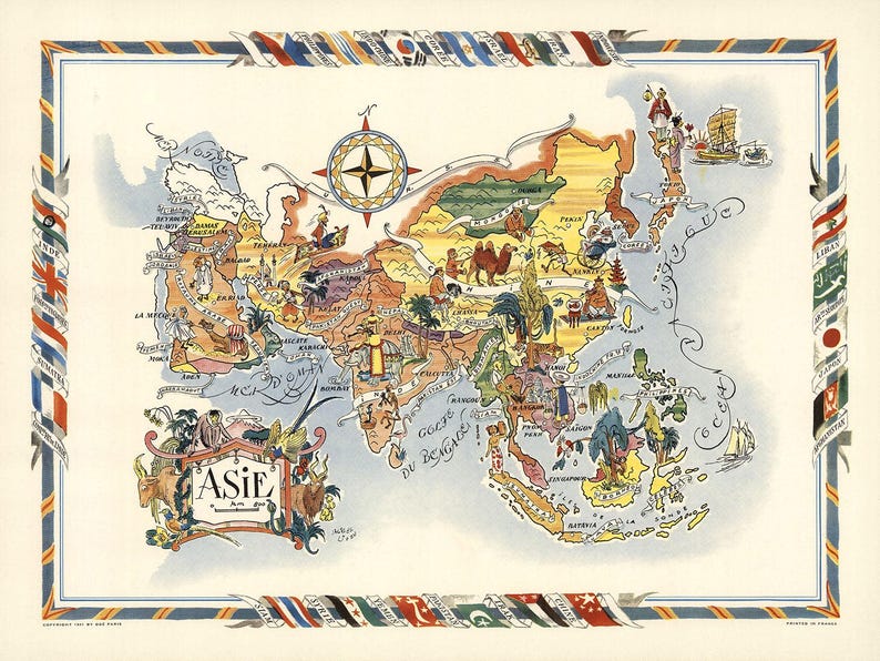 Old Pictorial Map of Asia by Liozu, 1951: Post-wwii Boundaries ...