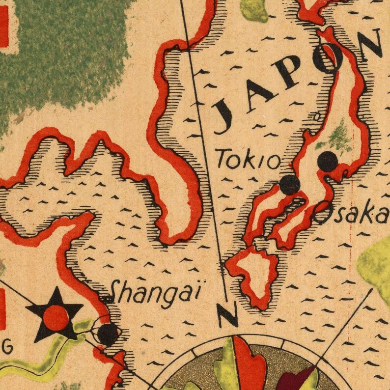 Old Pictorial Map of China by Mazuyer, 1931: Shanghai, Dragons, Golfe ...