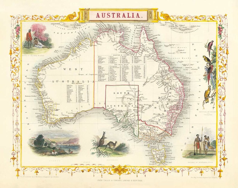 Old Map of Australia and Tasmania, 1851, by Tallis & Rapkin - Sydney ...