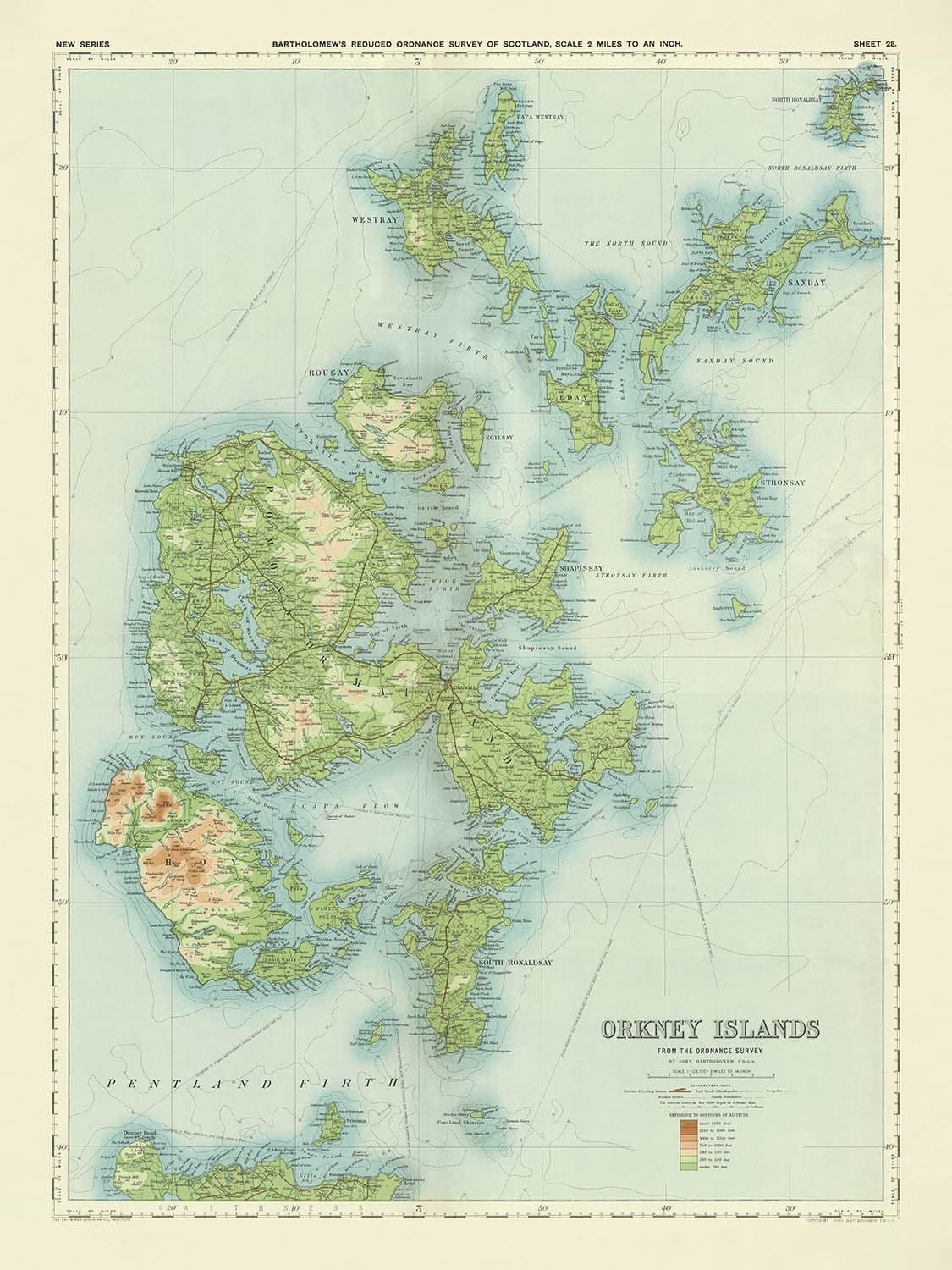 Old OS Map of Orkney Islands by Bartholomew, 1901: Kirkwall, Stromness ...