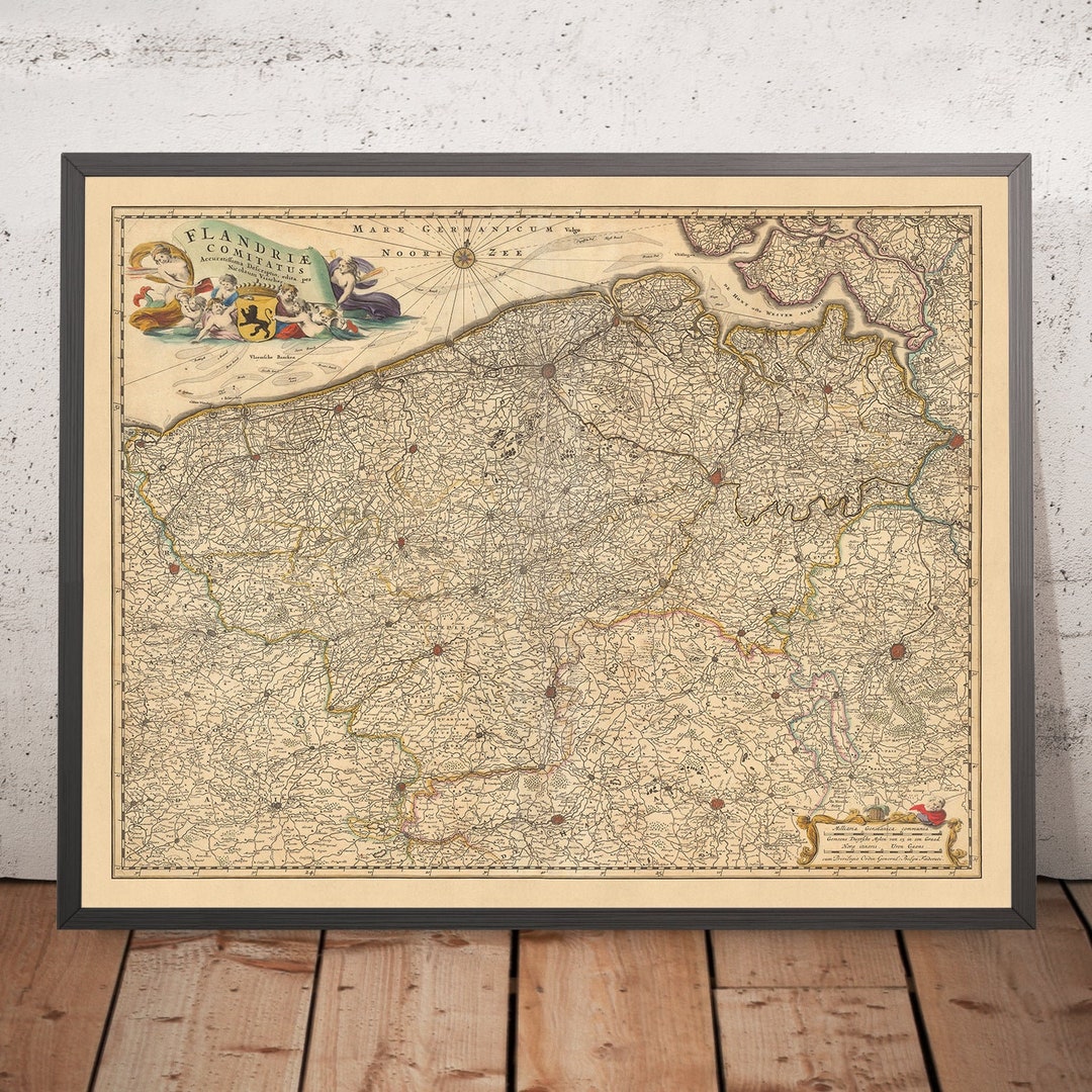 Old Map of Flanders by Visscher, 1690: Brussels, Antwerp, Ghent, Bruges ...