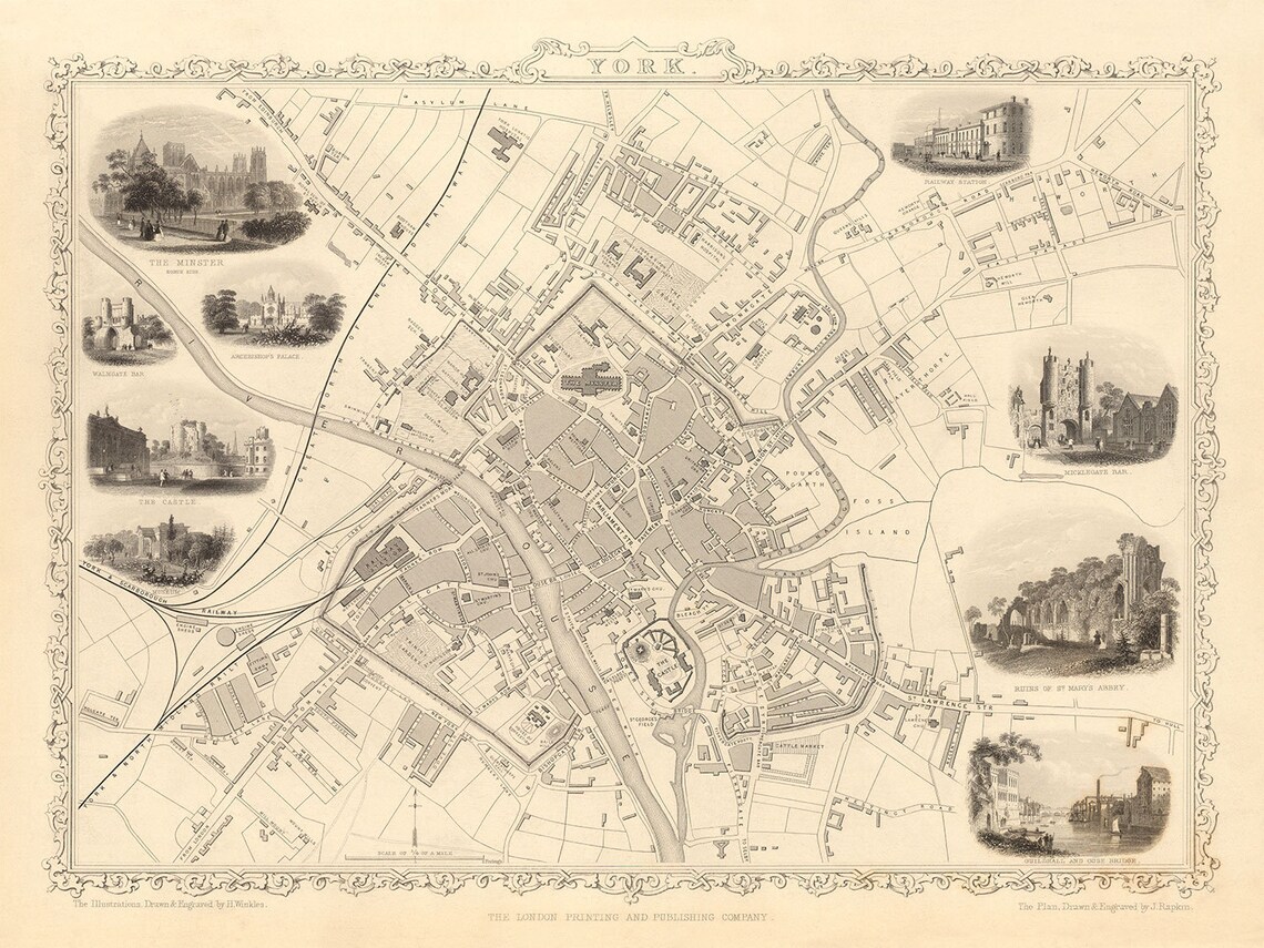 Old Map of York in 1851 by Tallis & Rapkin - City Centre, York Minster ...