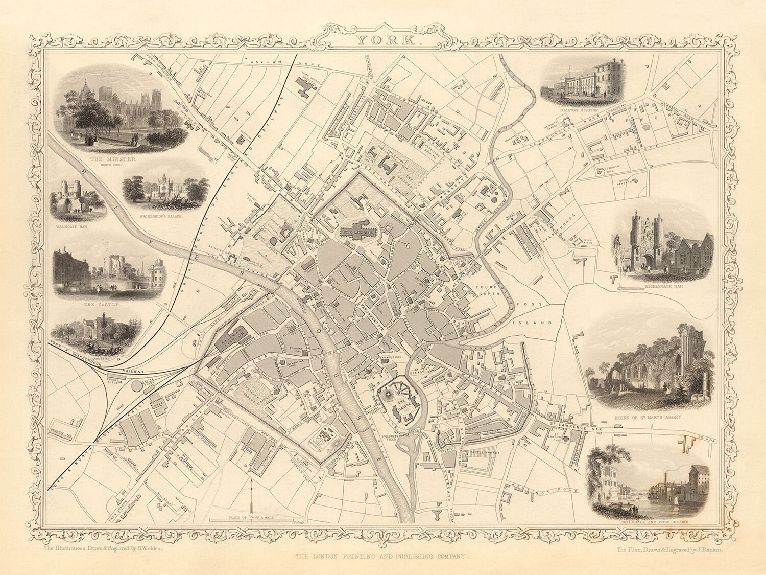 Old Map of York in 1851 by Tallis & Rapkin - City Centre, York Minster ...