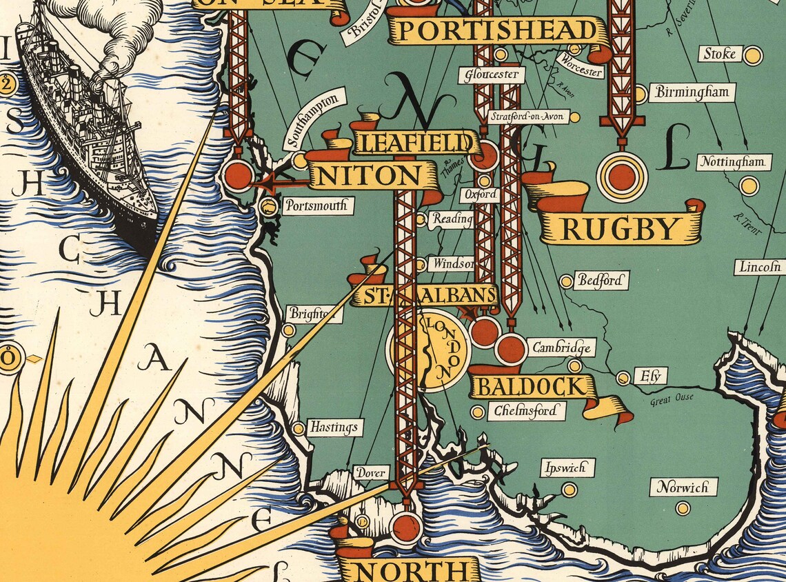 Old Pictorial Map of Post Office Wireless Stations by Max Gill, 1939 ...