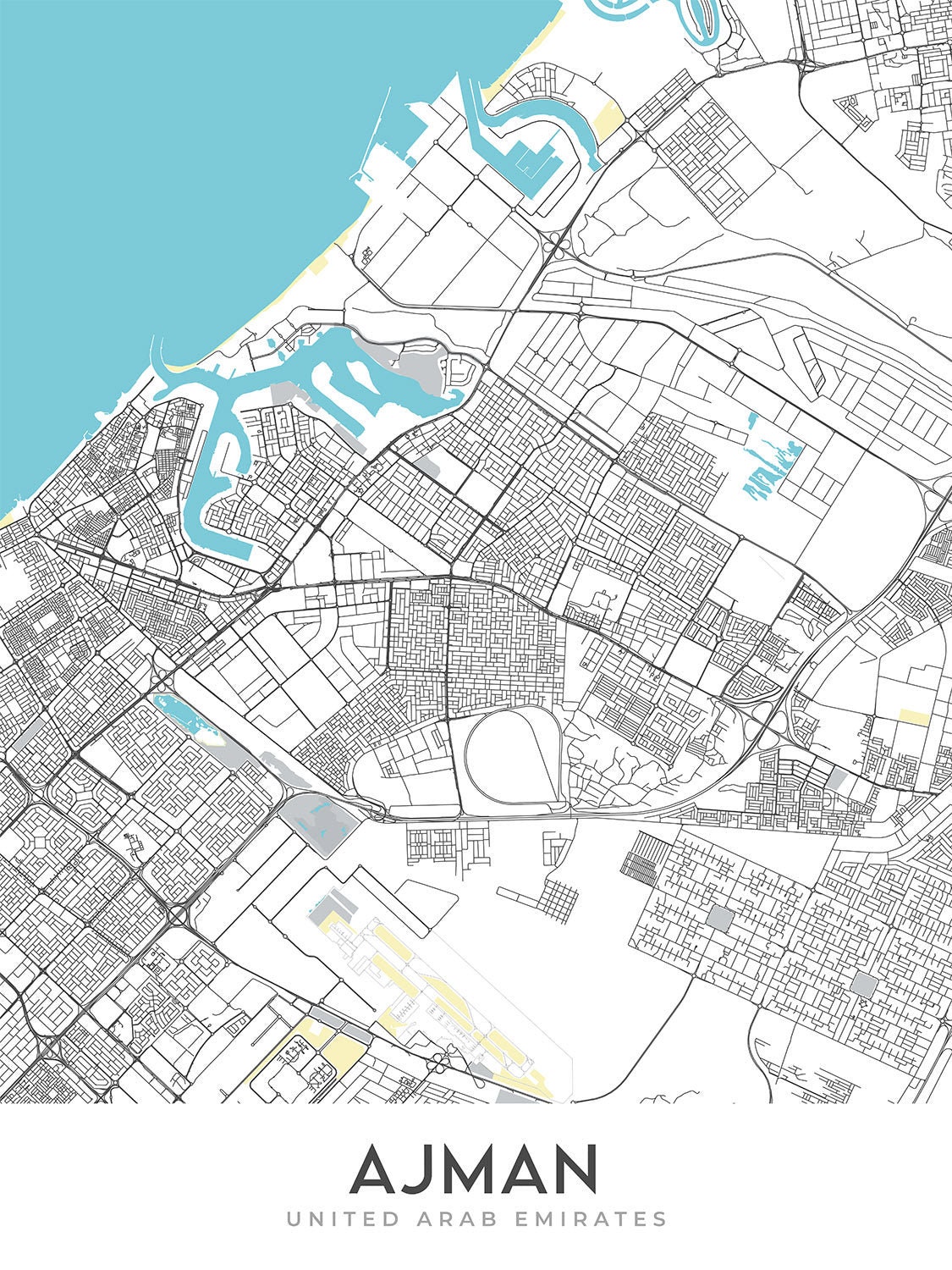 Modern City Map of Ajman, UAE: Al Nuaimiya, Al Rawda, Al Zahra, Bin ...