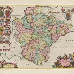 Old Map of Devon in 1665 by Joan Blaeu - Plymouth, Exeter, Torquay ...