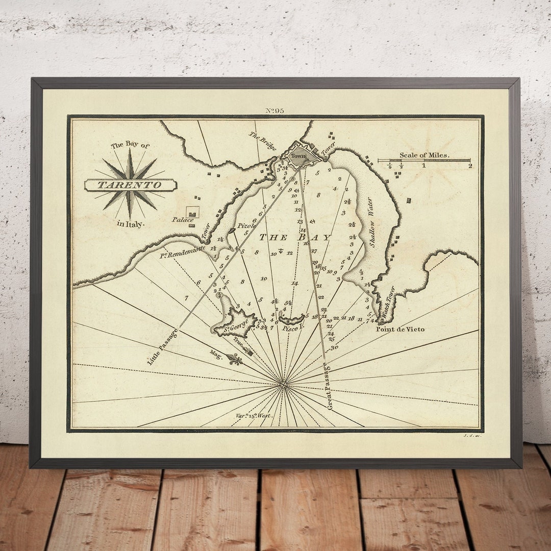 Old Bay of Taranto, Italy Nautical Chart by Heather, 1802: Gulf of ...