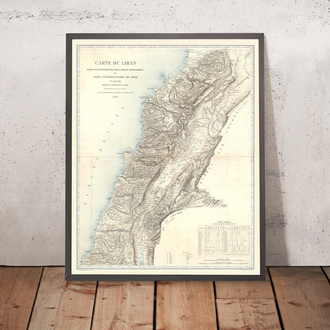 Old Map of Lebanon by Depot De La Guerre, 1862: Beirut, Tripoli, Sidon ...