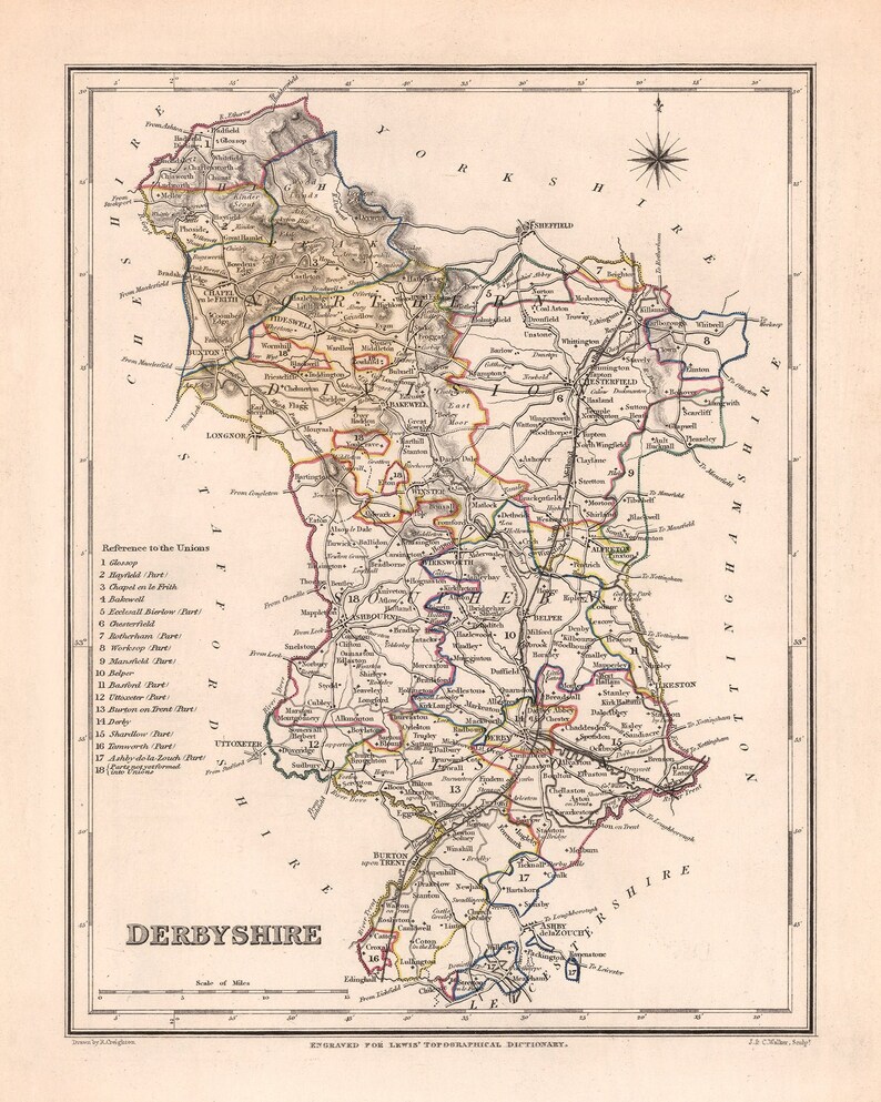 Old Map of Derbyshire by Samuel Lewis, 1844: Buxton, Ashbourne, Matlock ...