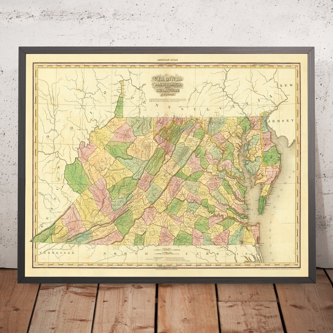 Old Map of Virginia, Delaware & Maryland by Tanner, 1820: Washington D ...