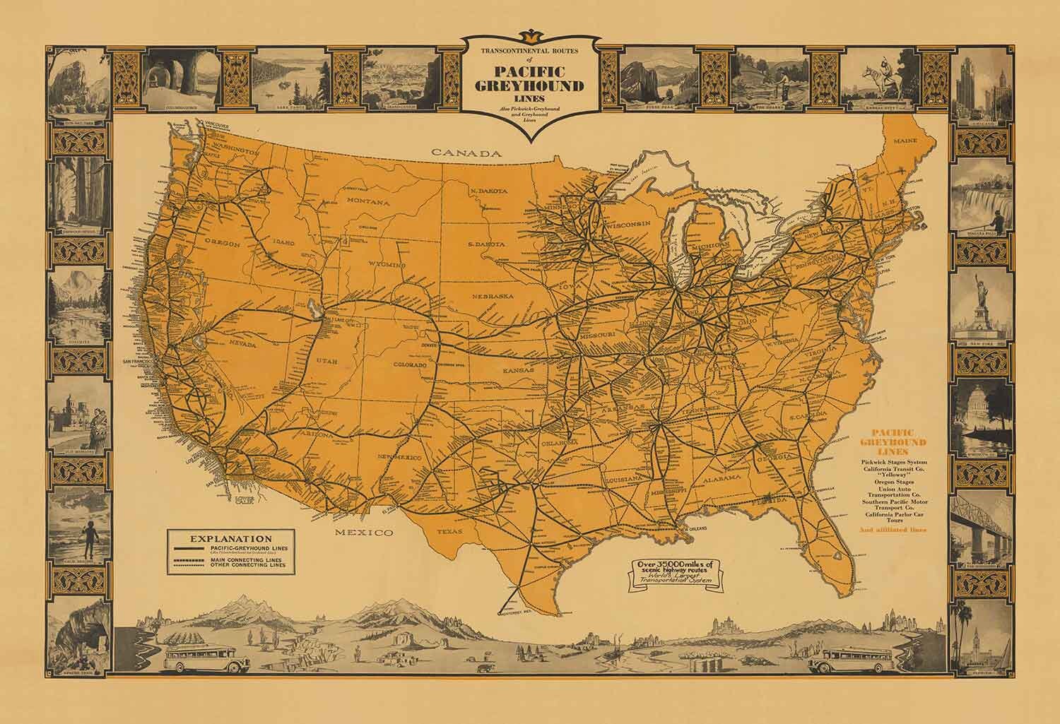 Old Greyhound Lines Map USA 1935 Pacific & Main Intercity - Etsy