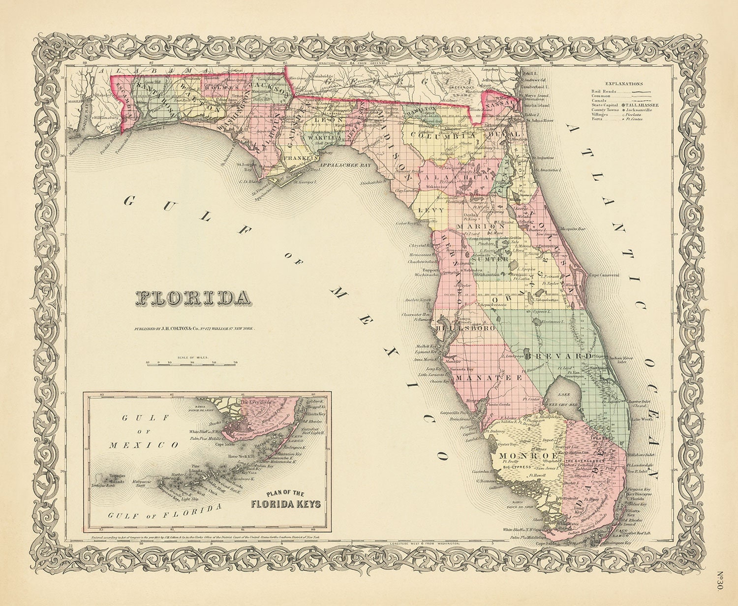 Old Map of Florida in 1855 by Colton Keys Panhandle | Etsy