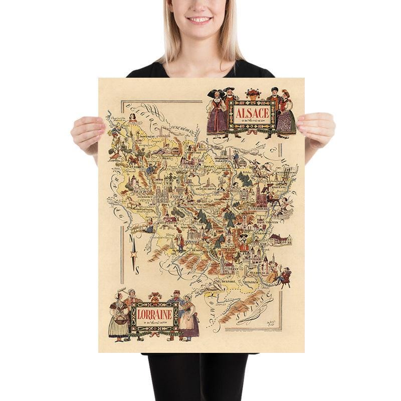 Old Pictorial Map of Alsace–lorraine by Liozu, 1951: Strasbourg, Metz ...