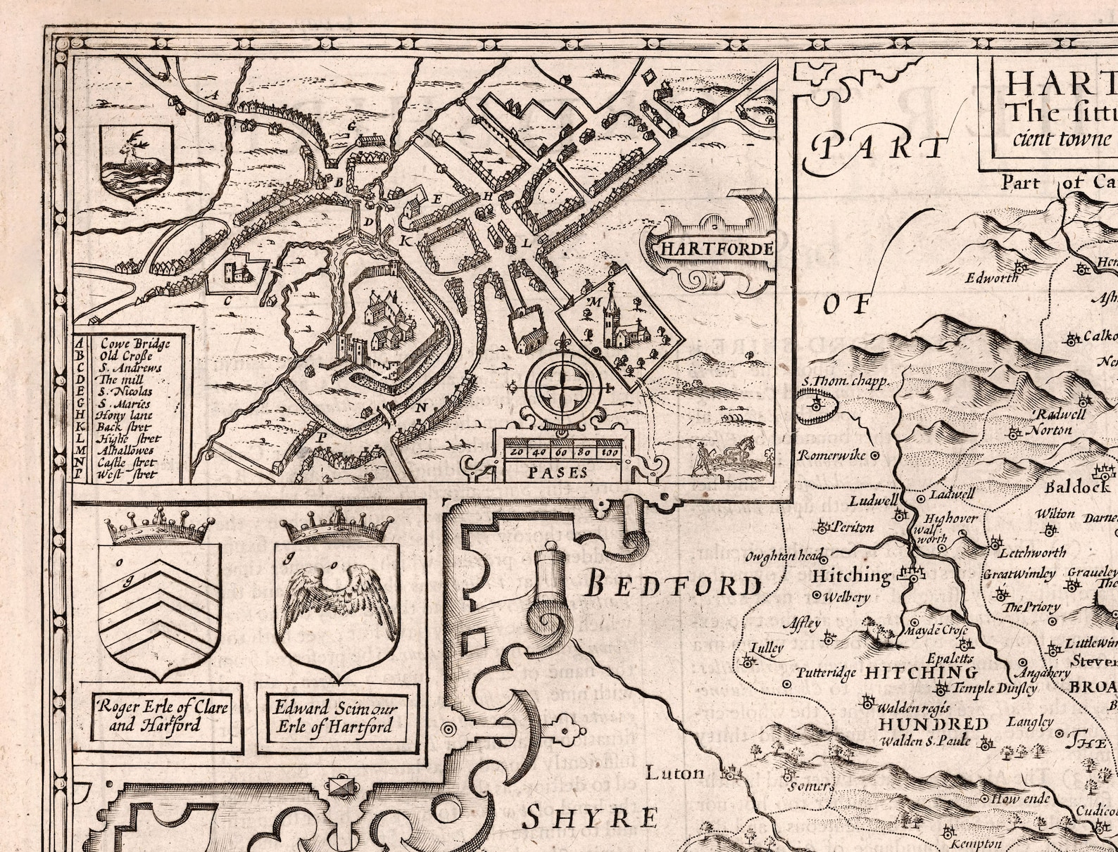 Old Map of Hertfordshire, 1611, John Speed - Stevenage, St Albans ...