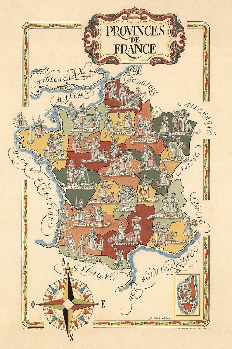 Old Pictorial Map of France's Provinces and Corsica by Liozu, 1951 - Etsy