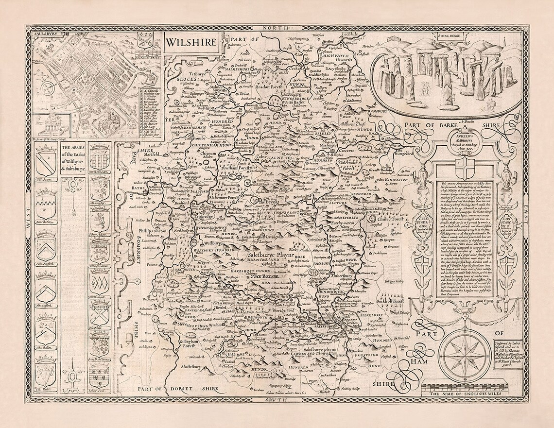 Old Map of Wiltshire in 1611 by John Speed Salisbury | Etsy UK