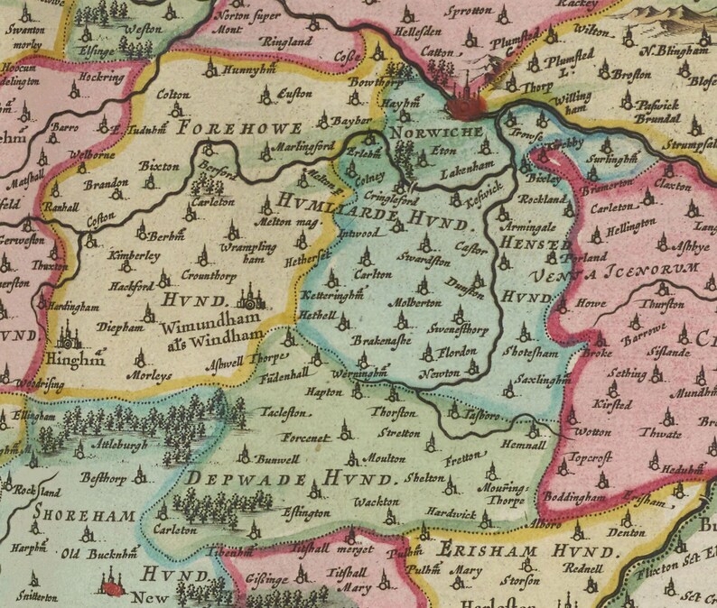 Old Map of Norfolk in 1665 by Joan Blaeu - Norwich, Great Yarmouth ...