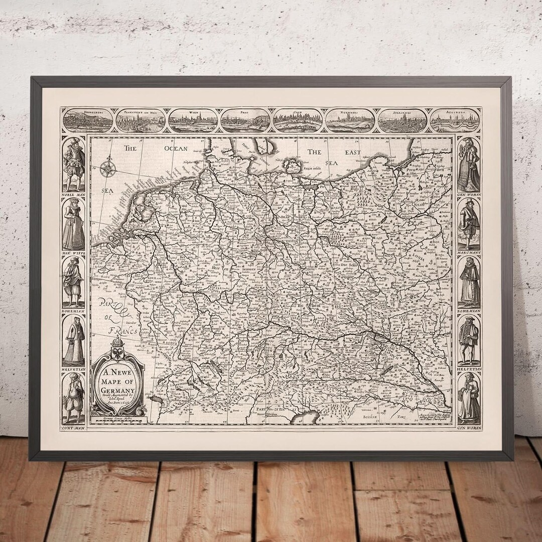 Old Monochrome Map of Germany by Speed, 1626: Berlin, Hamburg, Munich ...