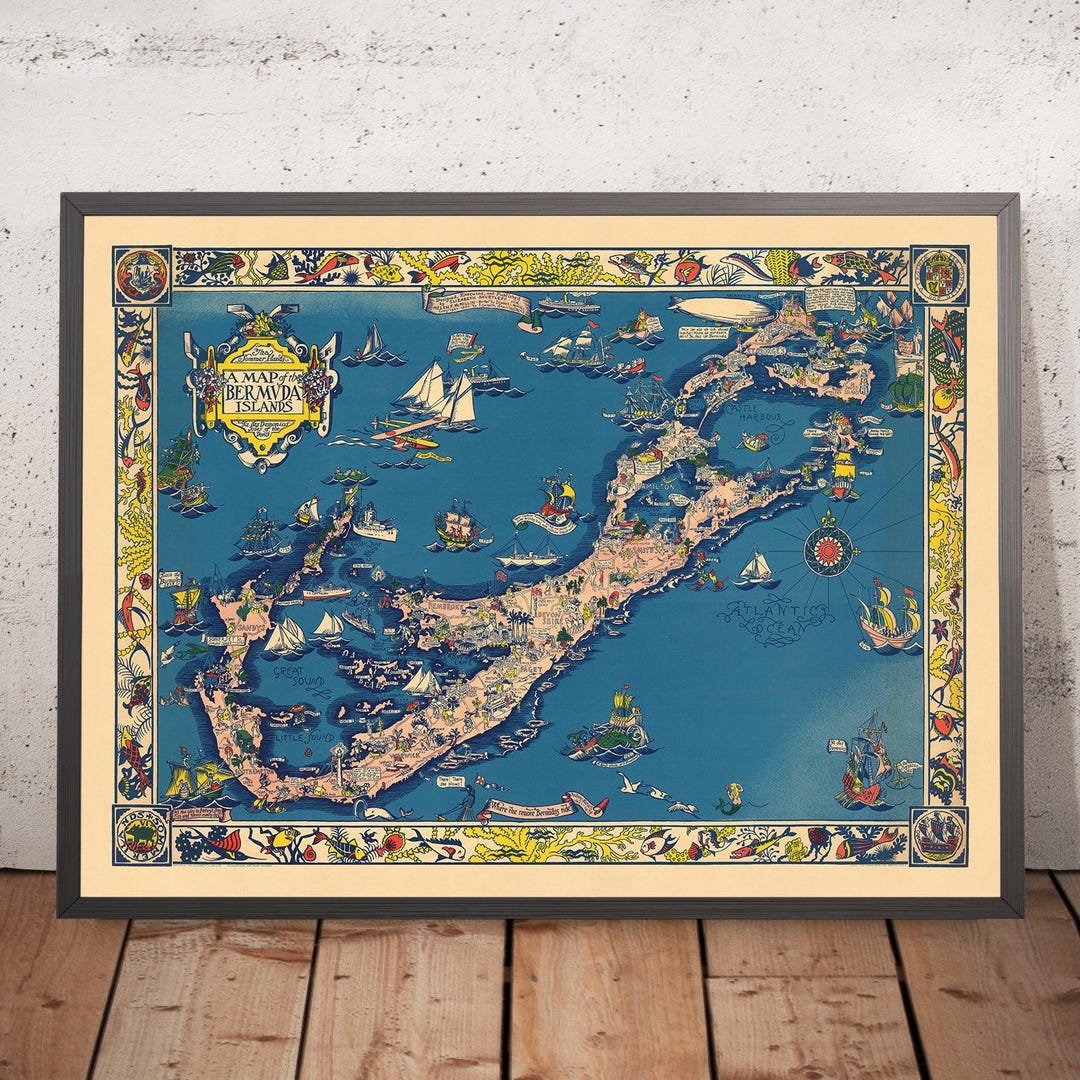 Old Pictorial Map of Bermuda by Shurtleff, 1930: Hamilton, St. George's ...