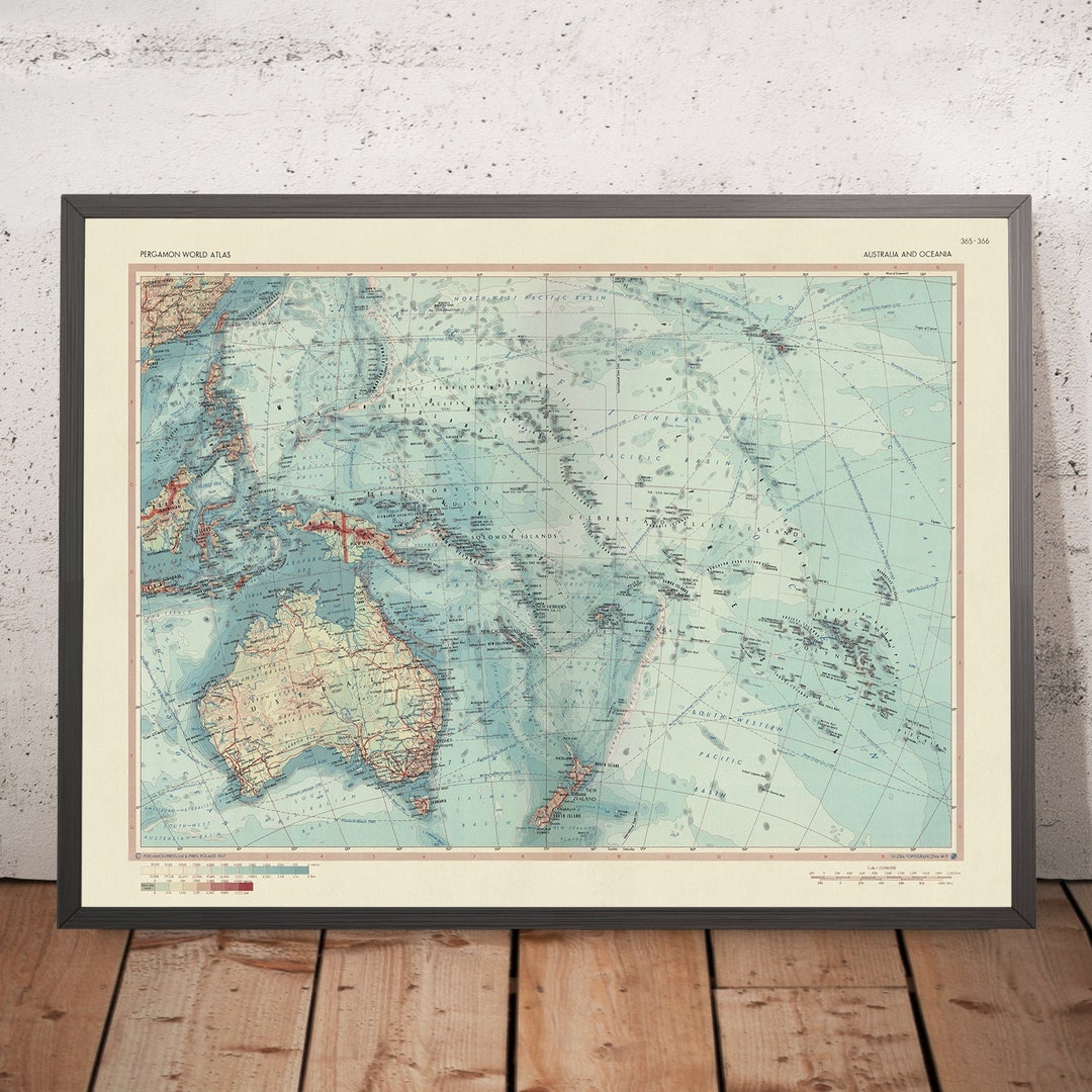 Old Map of Australia & Oceania, 1967: New Zealand, Borneo, Polynesia ...