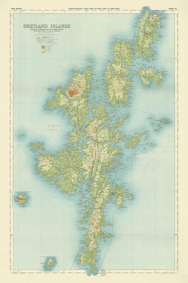Old OS Map of Shetland Islands by Bartholomew, 1901: Lerwick, Ronas ...