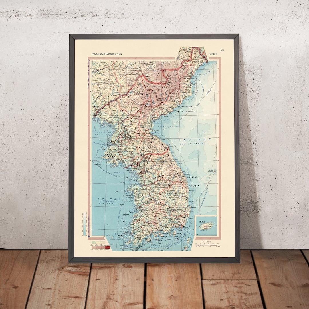 Old Map of North & South Korea, 1967: Seoul, Busan, Jeju Island, Korean ...