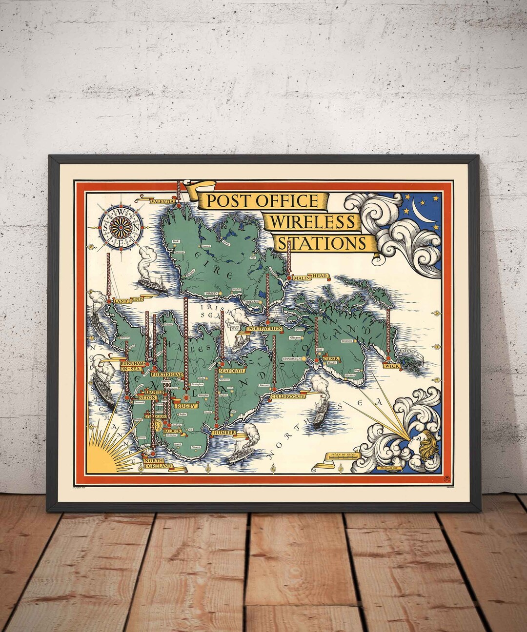 Old Pictorial Map of Post Office Wireless Stations by Max Gill, 1939 ...