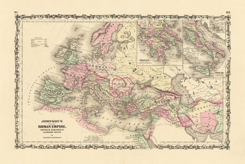 Old Roman Empire Map of Europe, Africa & Asia by Johnson and Browning ...