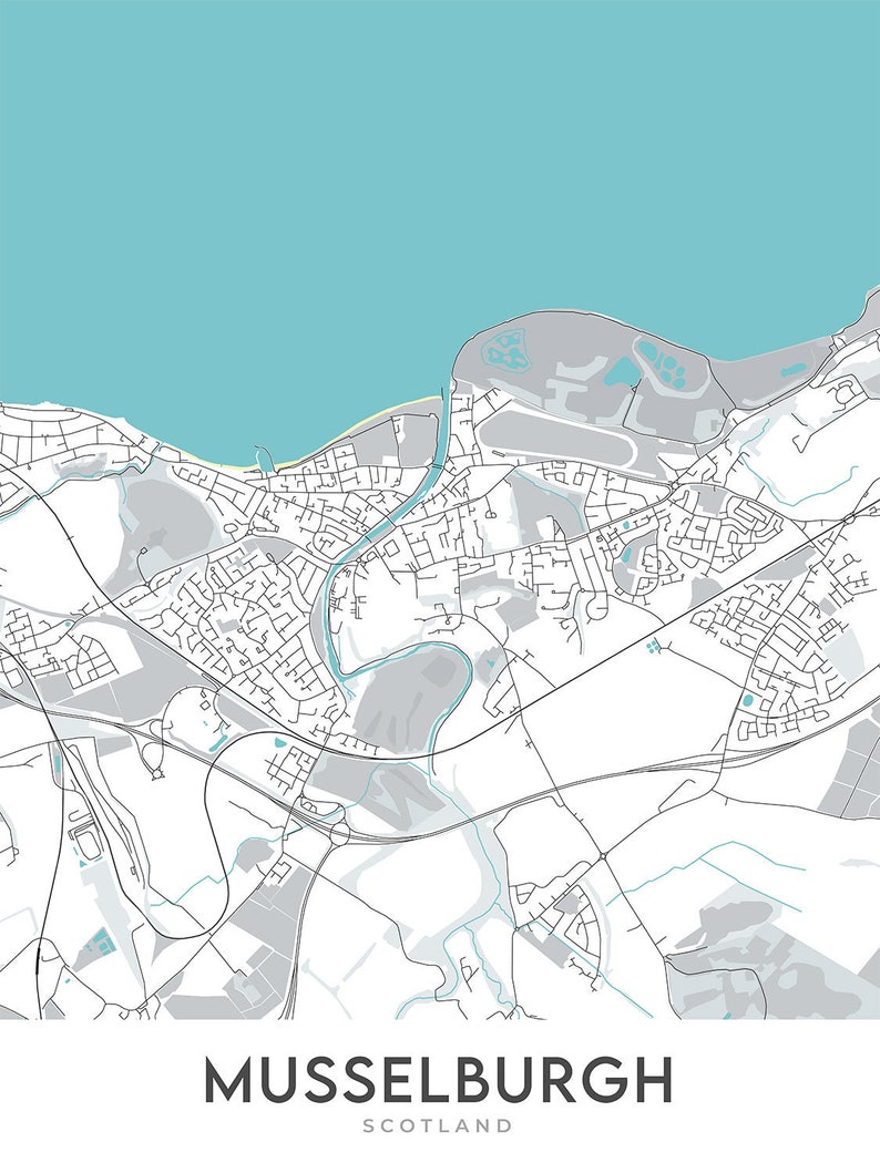 Modern Town Map of Musselburgh, Scotland: Fisherrow Harbour, River Esk ...