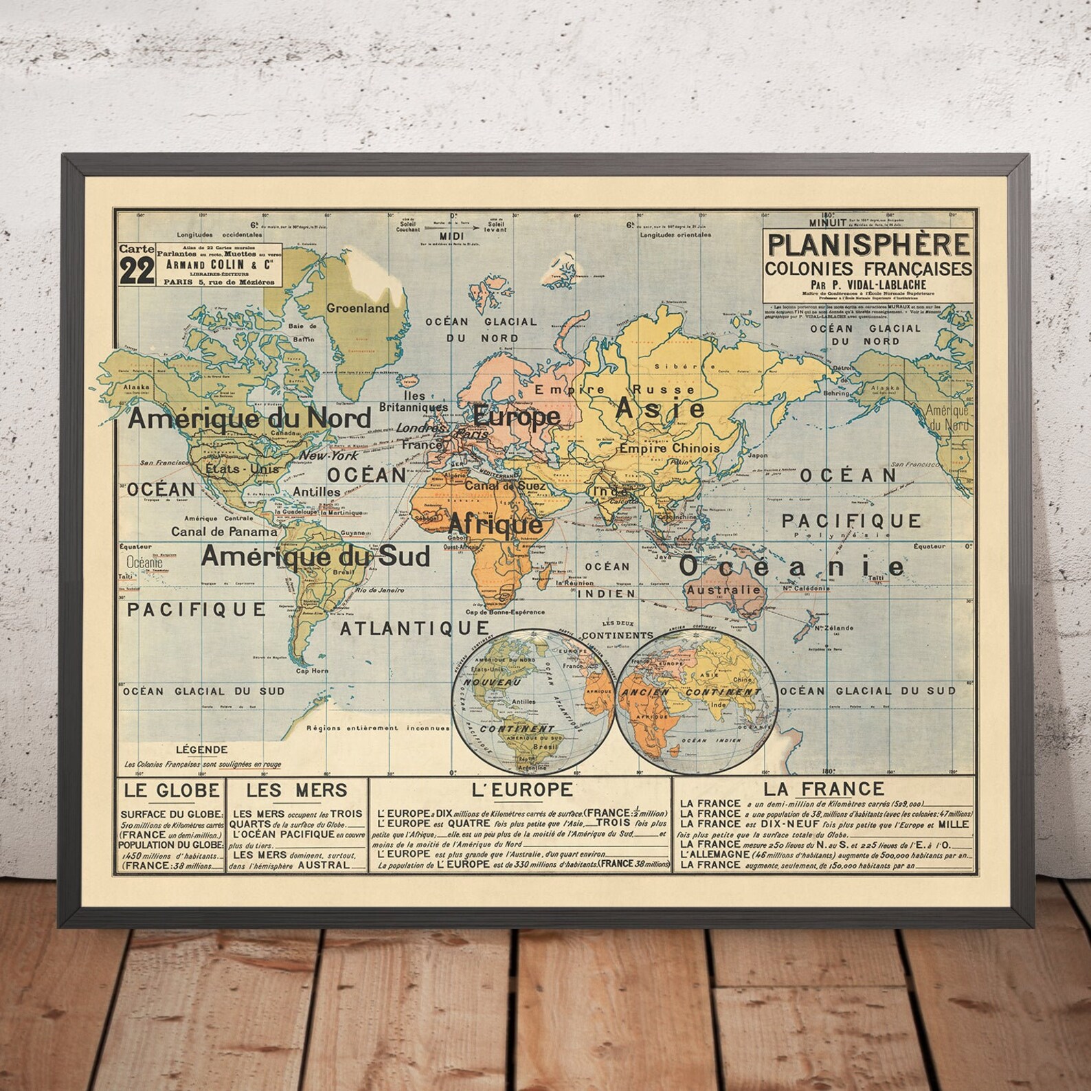 Old French Colonial World Map by Vidal Lablache, 1897: Educational Wall ...