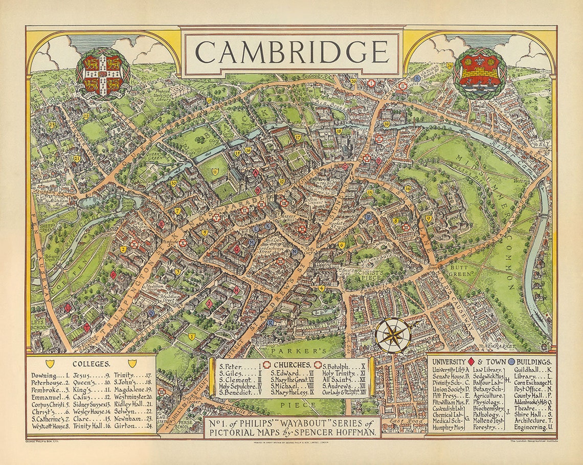 Old Map of Cambridge, 1929 - Trinity, St John's, King's, Peterhouse ...