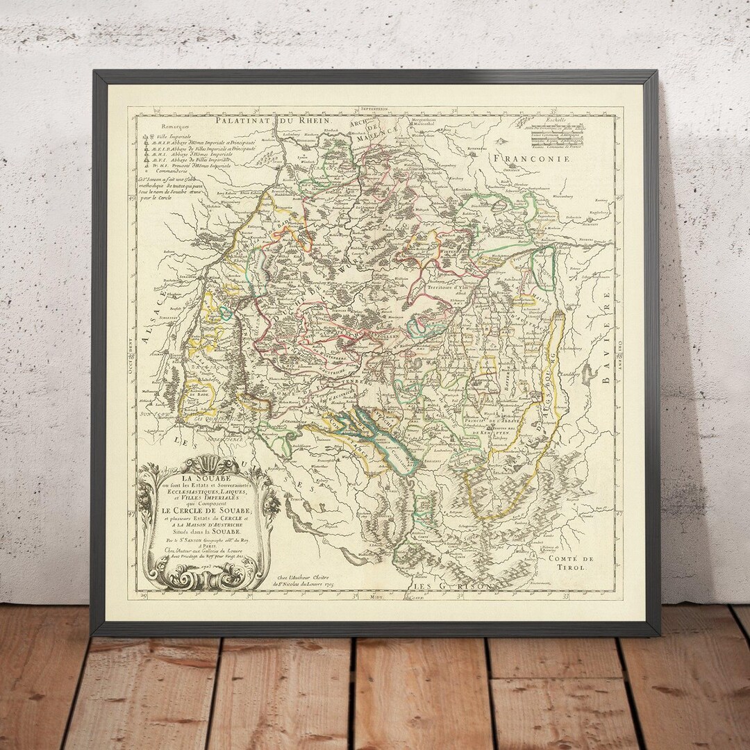 Old Map of Swabia, Germany by Sanson, 1703: Stuttgart, Heidelberg ...