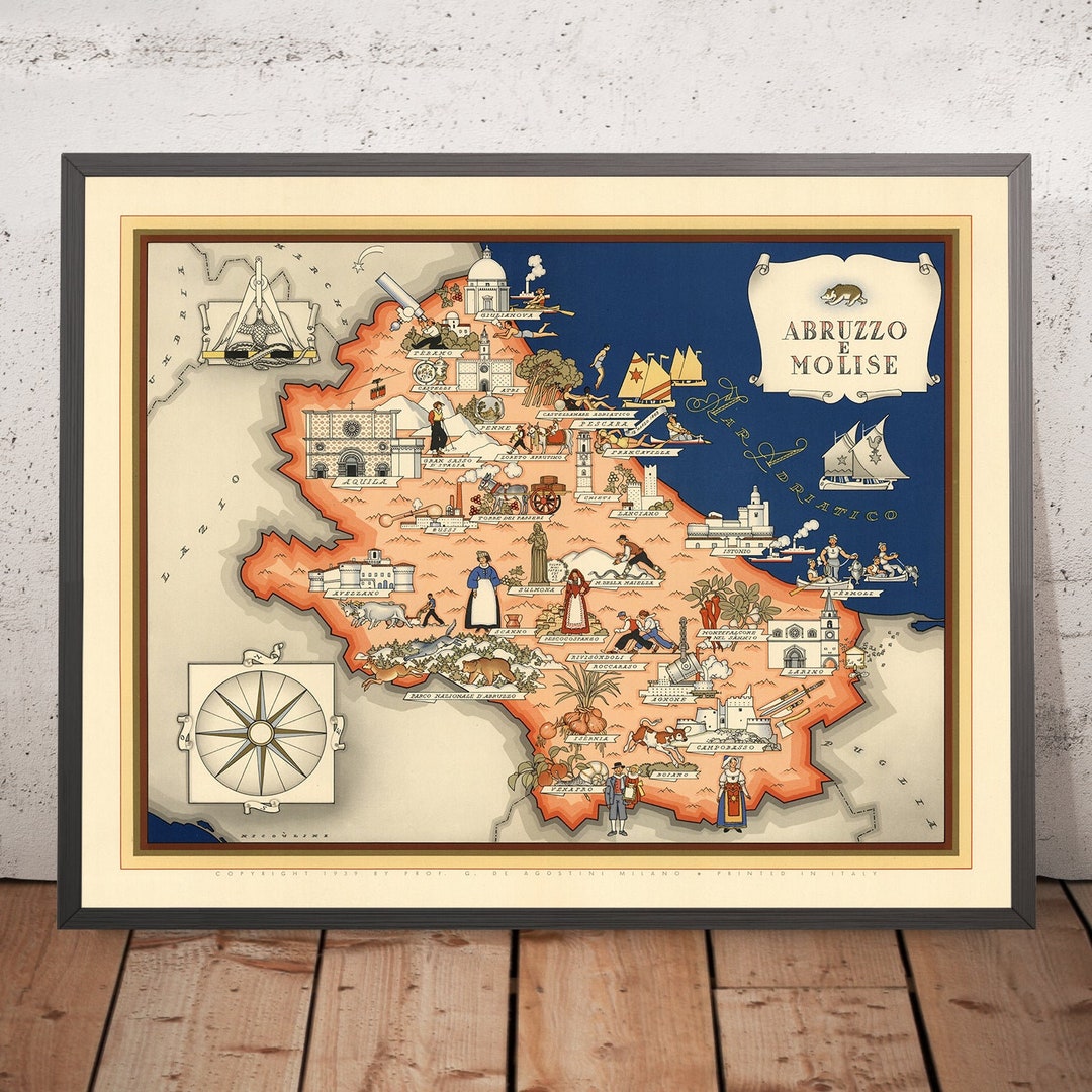 Old Pictorial Map of Abruzzo E Molise, 1938: L'aquila, Campobasso ...