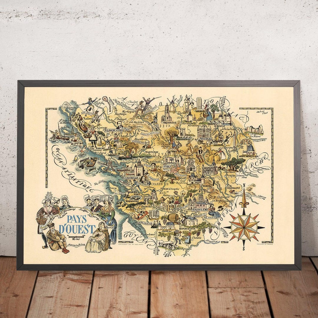 Old Pictorial Map of Poitou-charentes by Liozu, 1951: La Rochelle ...