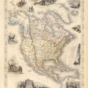 Old Map of North America, 1851 by Tallis & Rapkin - Illustrated USA ...