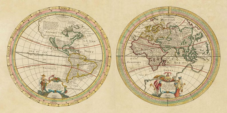 Old World Map of Eastern and Western Hemispheres by Tavernier, 1661 ...