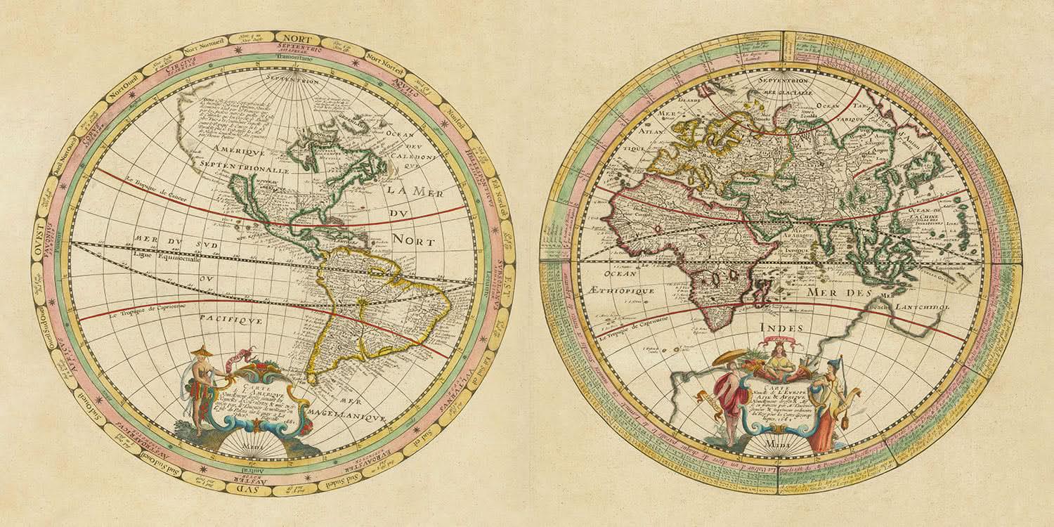 Old World Map of Eastern and Western Hemispheres by Tavernier, 1661 ...