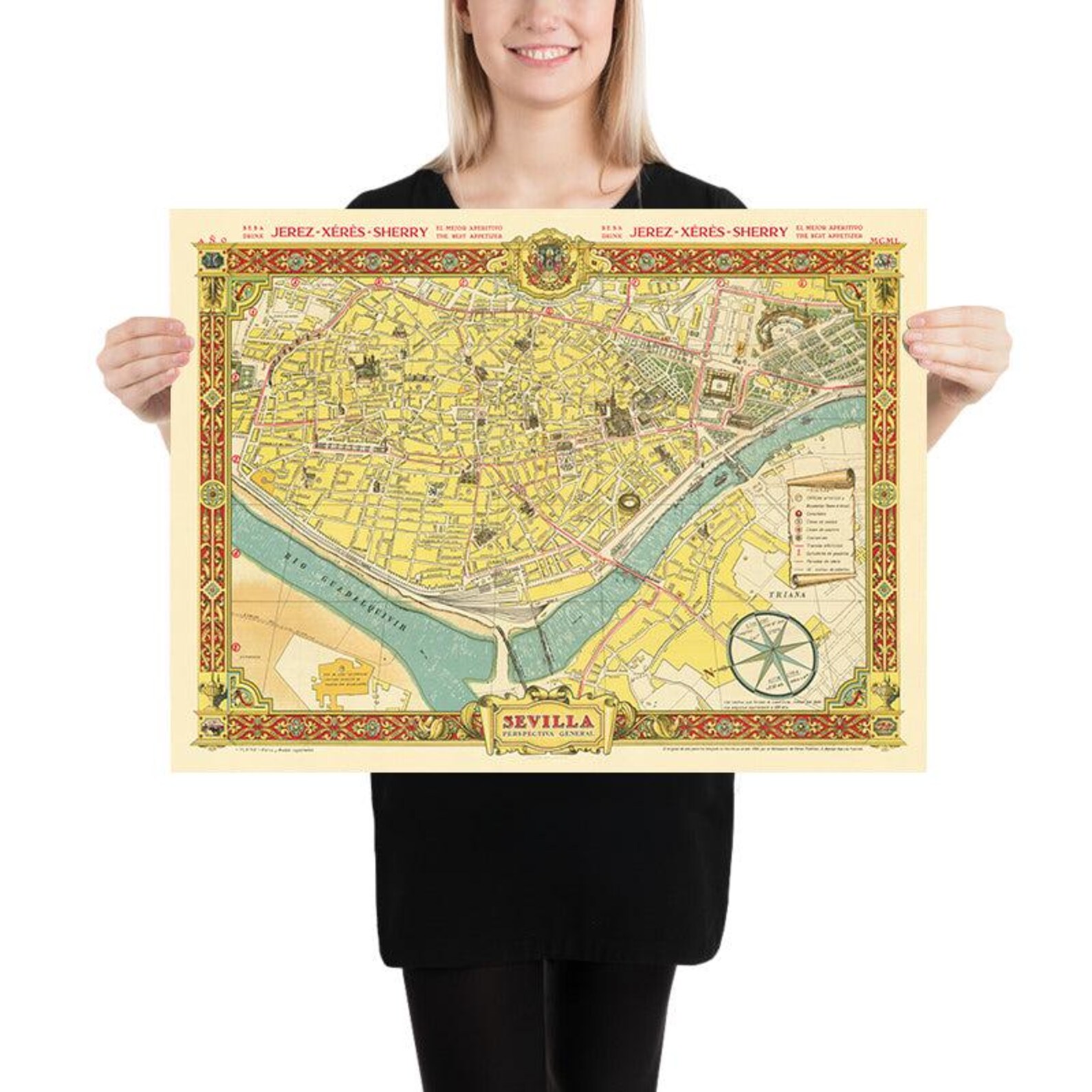 Old Pictorial Map of Seville by Fuentes, 1950: Catedral, Torre Del Oro ...
