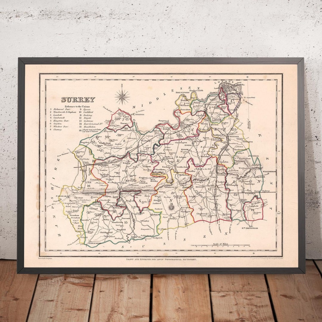 Old Map of Surrey by Samuel Lewis, 1844: London, Guildford, Woking ...