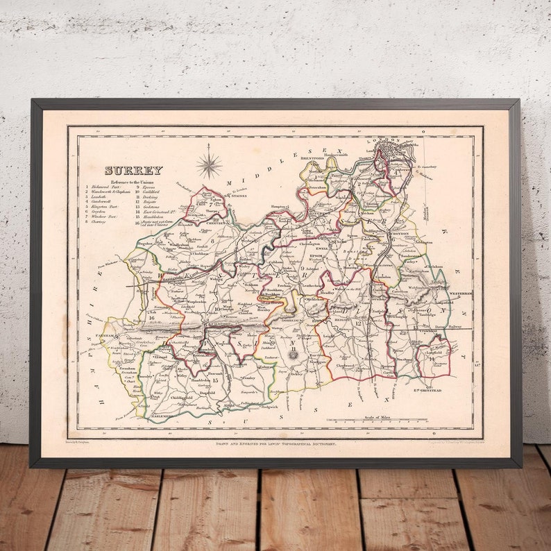 Old Map of Surrey by Samuel Lewis, 1844: London, Guildford, Woking ...