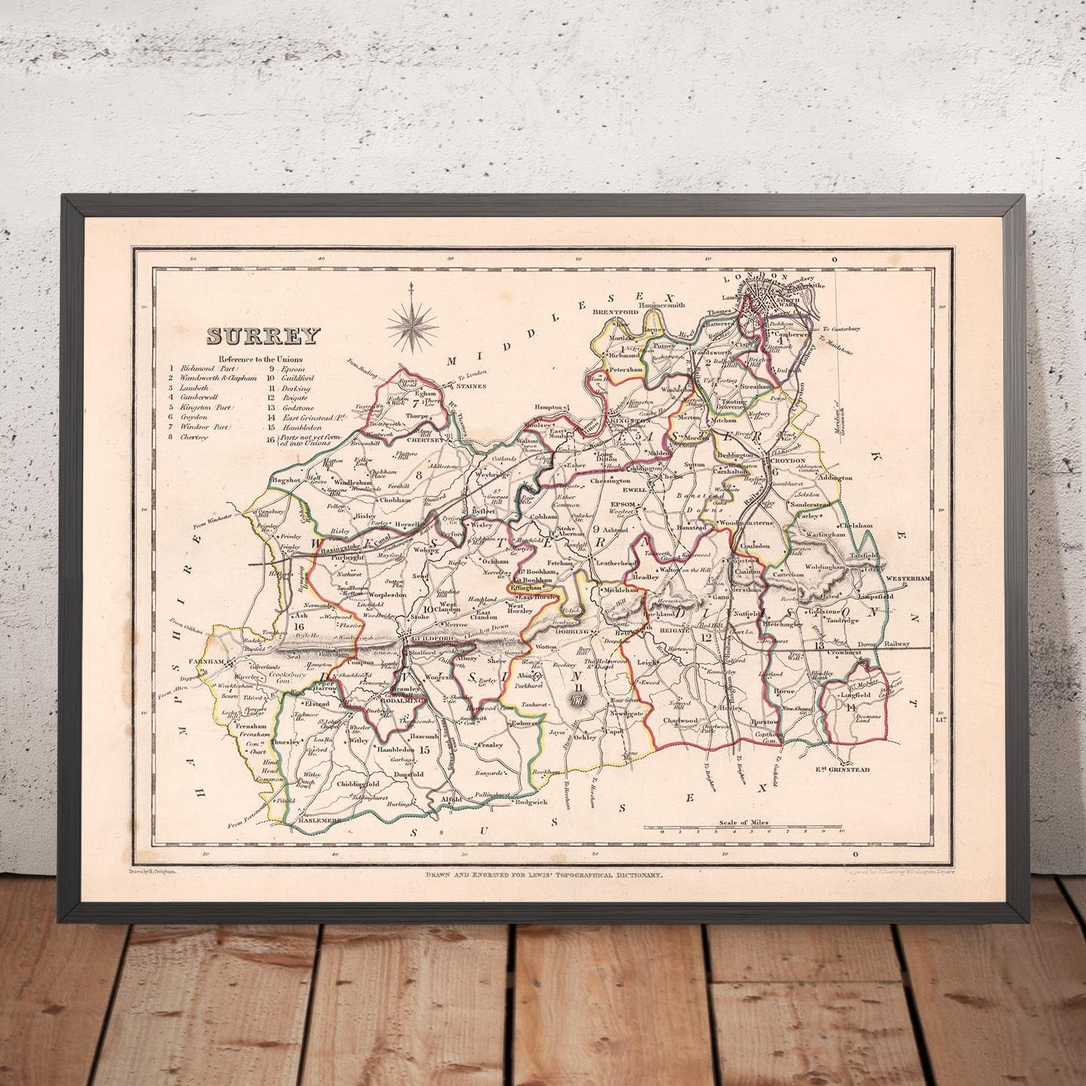 Old Map of Surrey by Samuel Lewis, 1844: London, Guildford, Woking ...