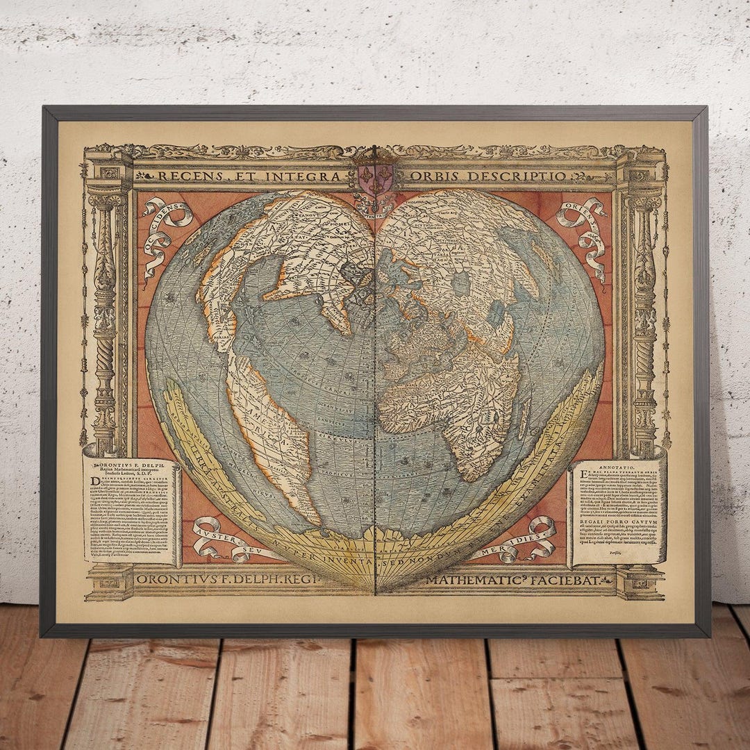 Old Heart-shaped World Map by Fine, 1534: Cordiform Projection, Terra ...